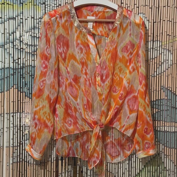 Chico's | Tops | Chicos Moria Tie Front Sequined Blouse Ikat Multi Size ...